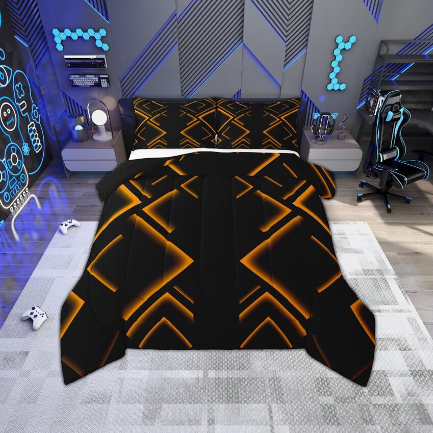 Manfei Black Orange Queen Comforter Set, Geometric Neon Lines Bedding ...