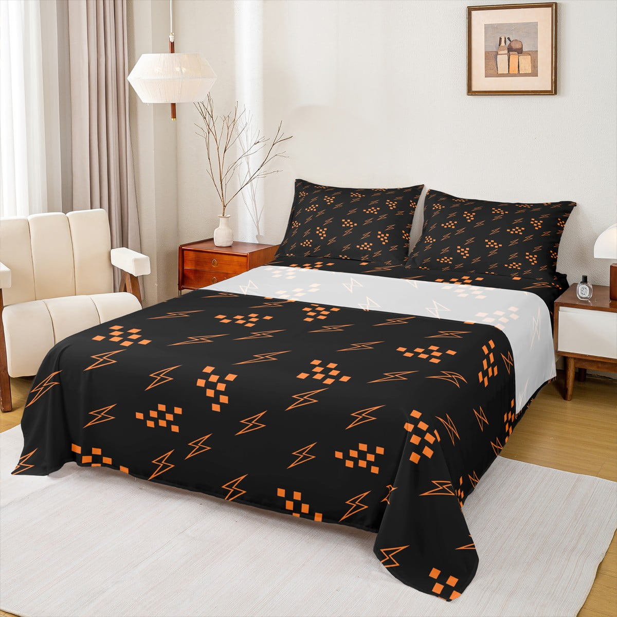 Manfei Black Orange Square Bed Sheets for Kids, Modern Chic Lightning ...
