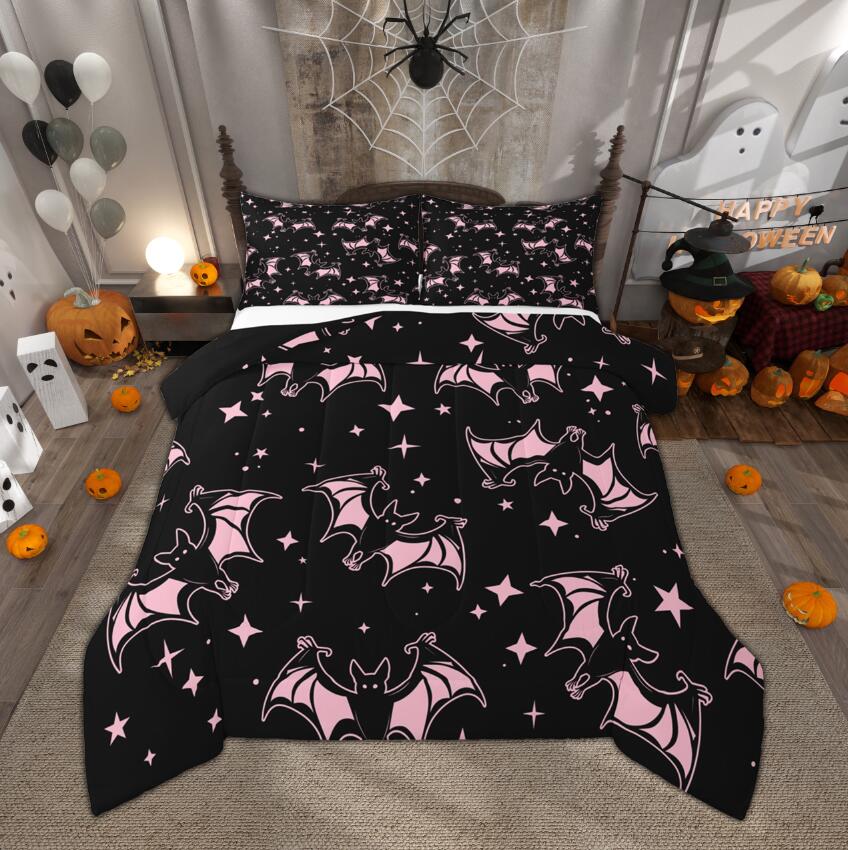 Manfei Black Pink Bat King Size Comforter Sets, Glitter Stars Bedding ...