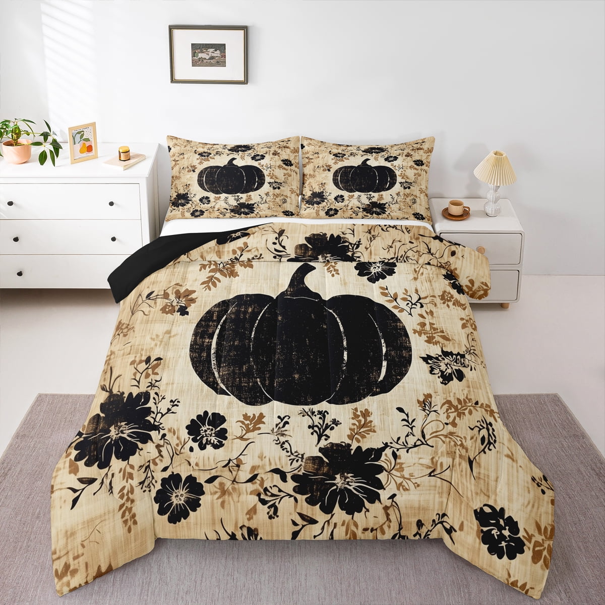 Manfei Black Pumpkin Bedding Comforter Set,Retro Rustic Flower Twin ...