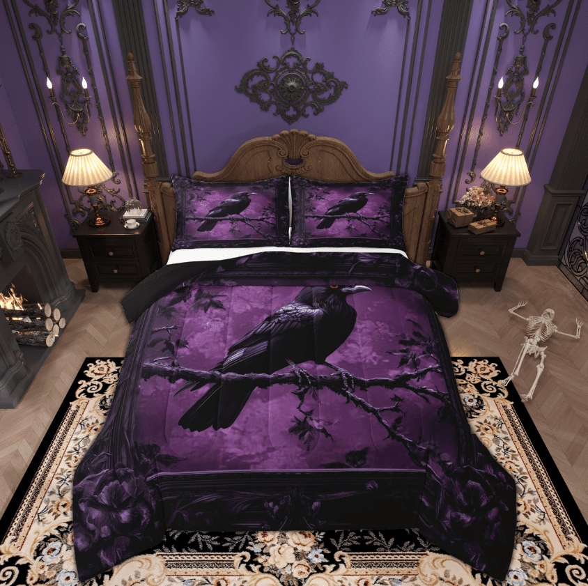 Manfei Black Purple Crow Full Size Comforter Sets for Kids, Vintage ...