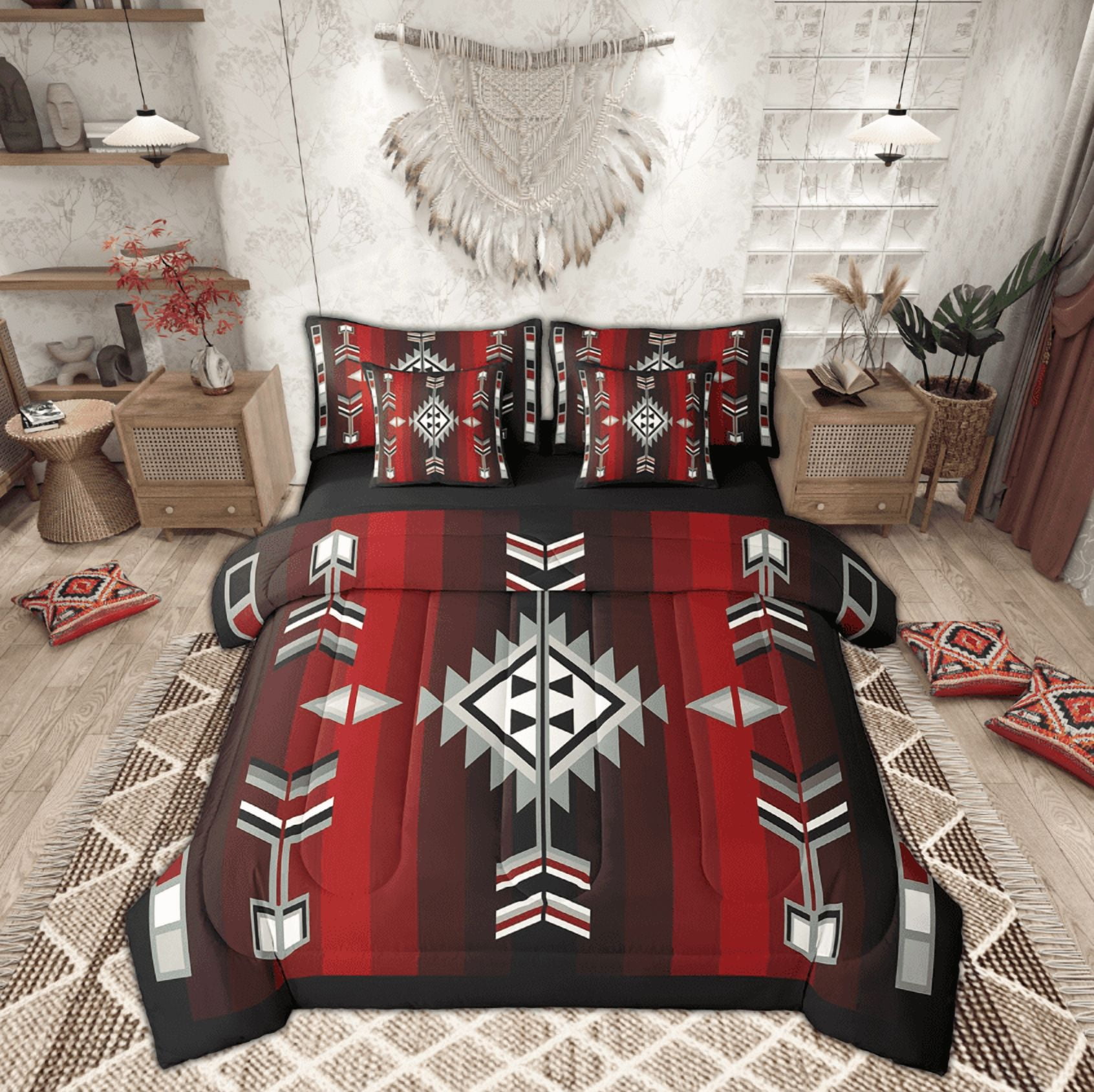 Manfei Black Red Aztec Bedding Comforter Set 7pcs, Mandala Bohomian ...