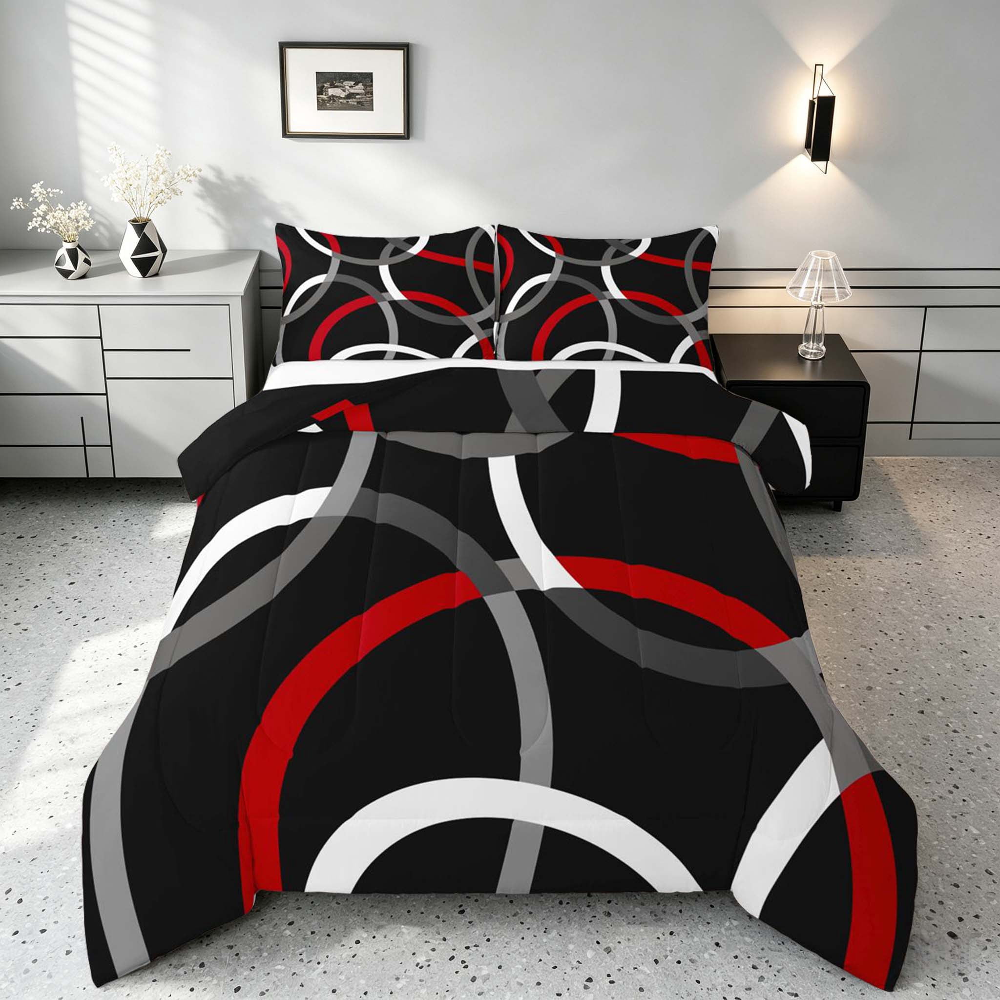 Manfei Black Red Circle Queen Comforter Set,Aesthetic Minimalist ...