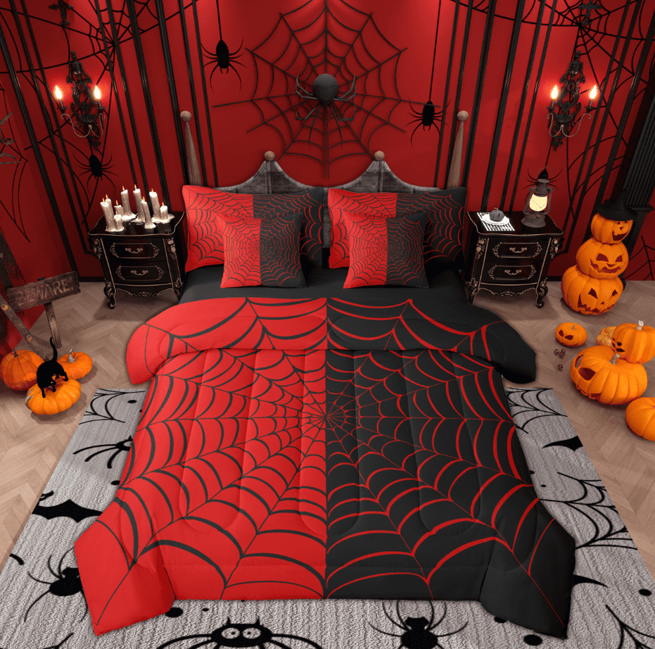 Manfei Black Red Spider Web Bedding Comforter Set 7 Pieces, Gothic ...