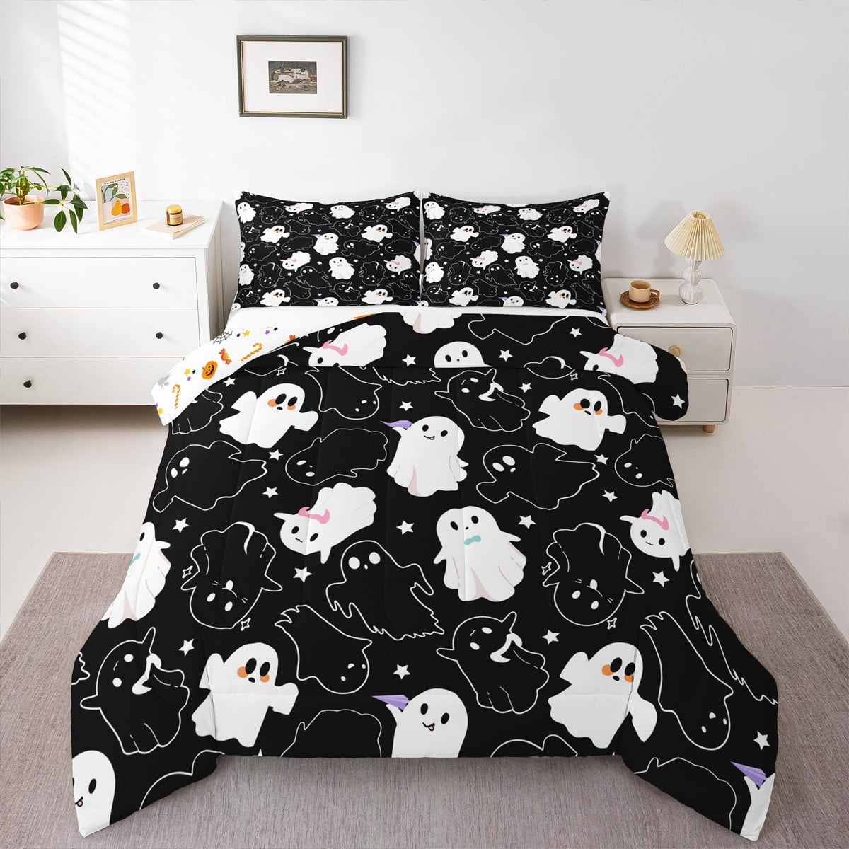 Manfei Black White Bow Ghost Queen Comforter Set, Cartoon Stars Print ...