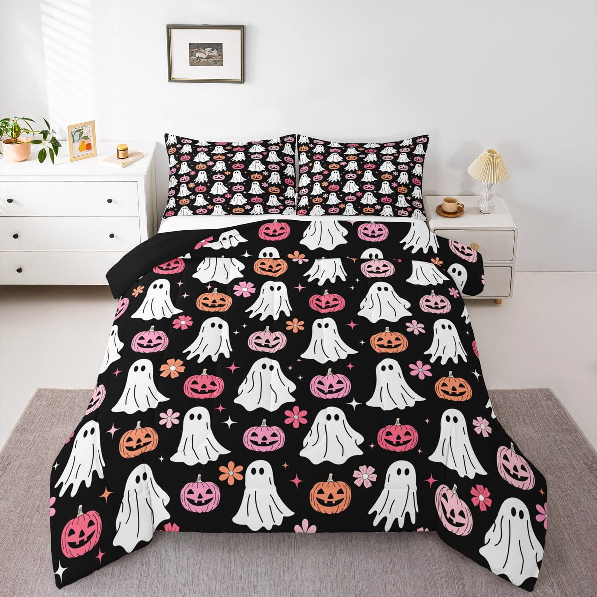 Manfei Black White Ghost Queen Comforter Set, Gothic Happy Halloween ...