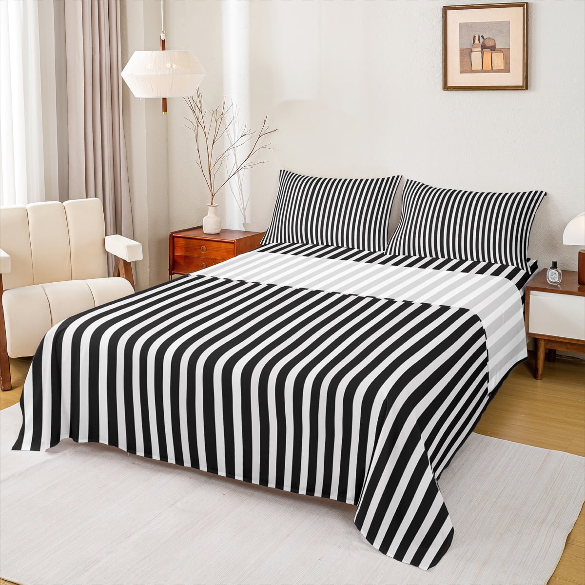 Manfei Black White Striped Full Size Sheets,Minimalism Geometric ...