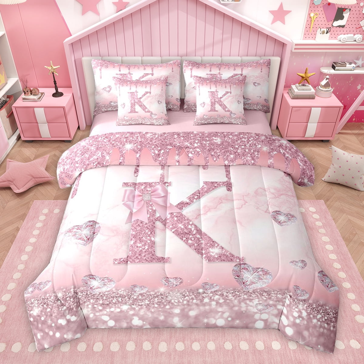 Homewish Bling Monogrammed K Bedding Comforter Set 7pcs for Girl, Pink ...
