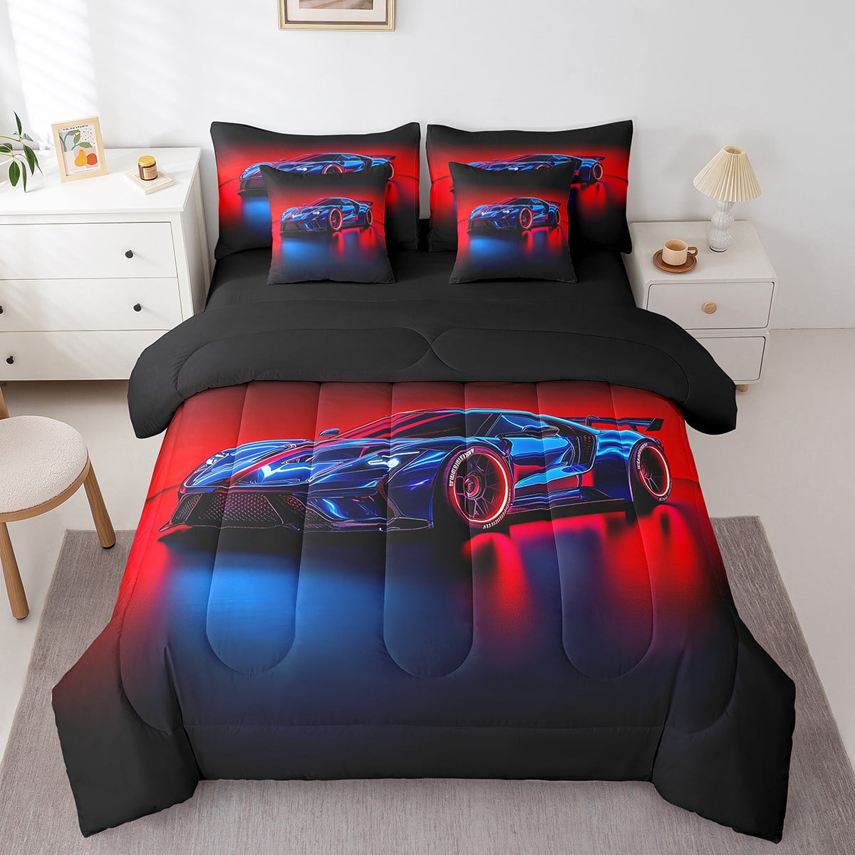 Manfei Blue Automobile Bed in a Bag Full size, Racing Car Bed Set ...