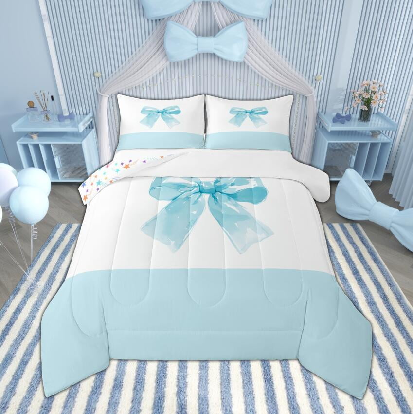 Manfei Blue Bow Knot Bedding Comforter Set for Girls, Princess Heart ...
