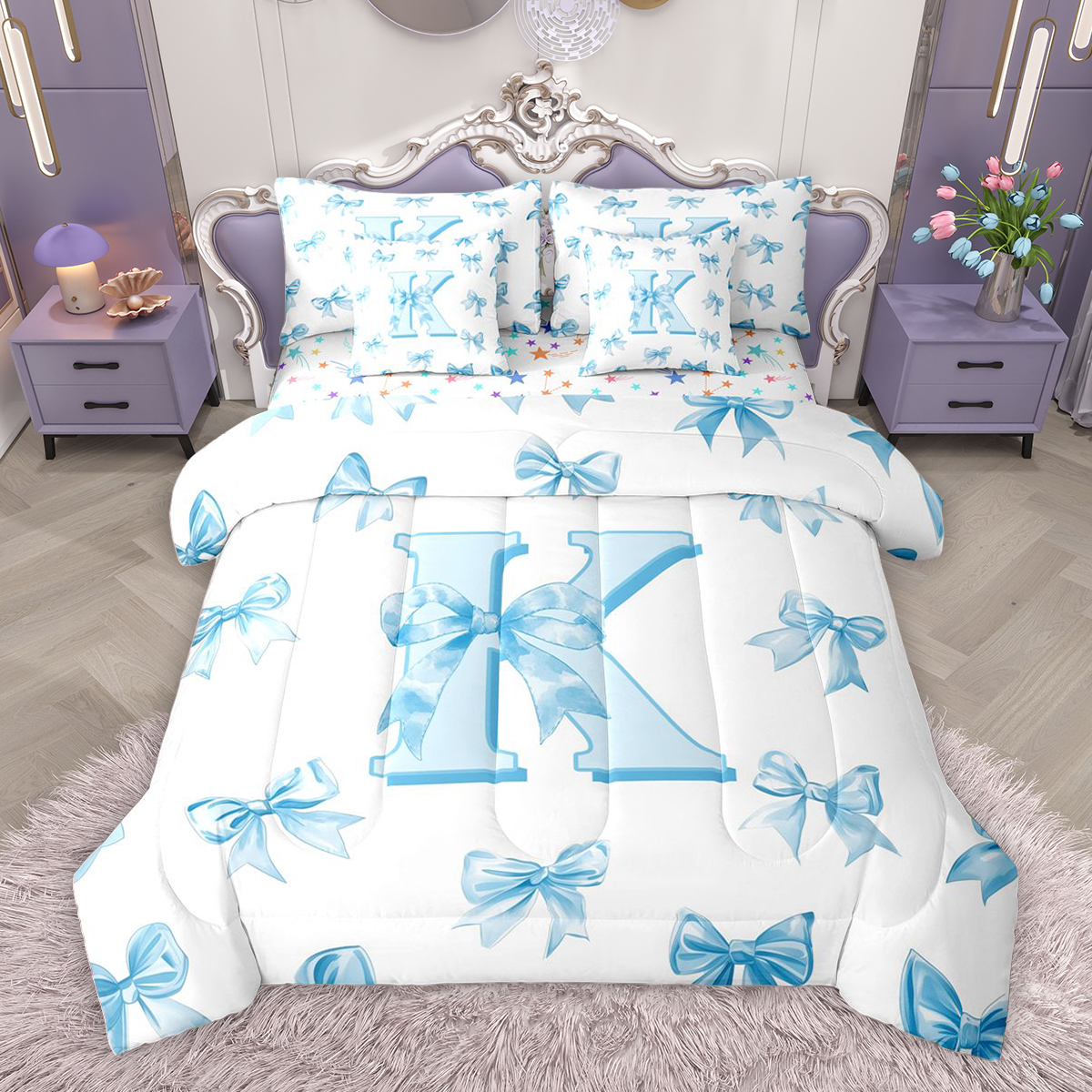 Homewish Blue Bowknot Letter Twin Bedding Sets 7-Piece for Girl, Kawaii ...