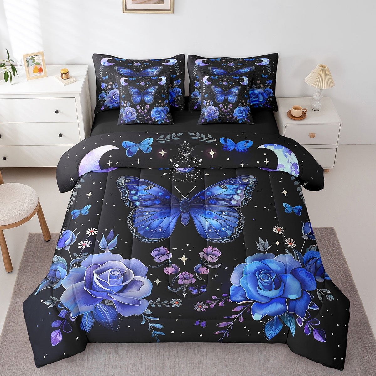 Manfei Blue Butterfly Moth Bedding Sets Queen Size,Boho Botanical ...