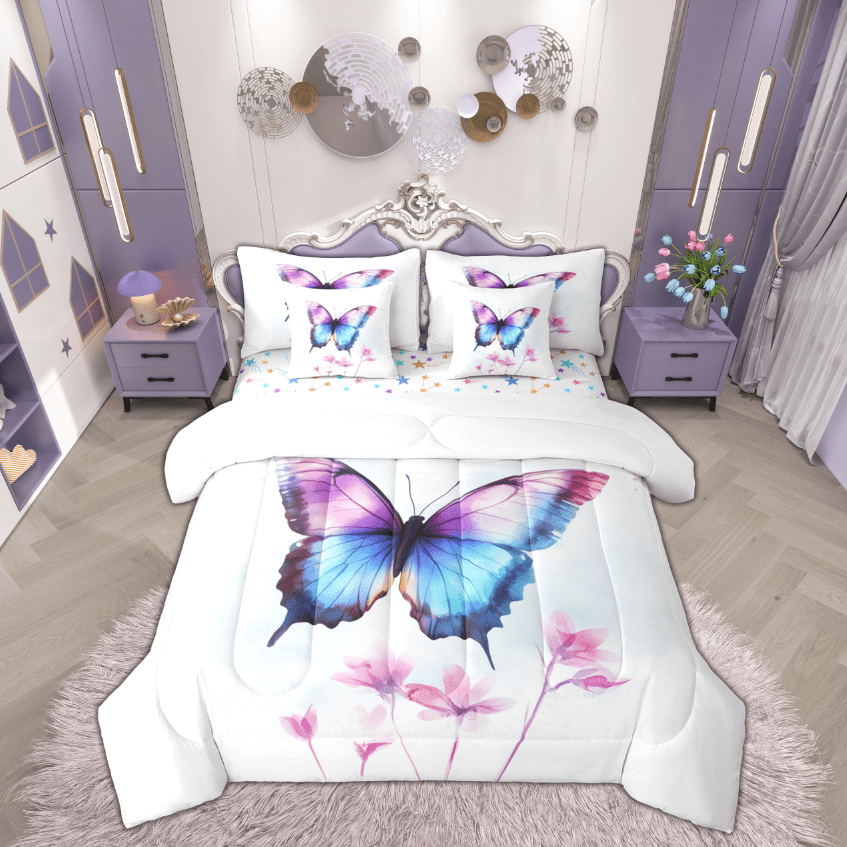 Manfei Blue Butterfly Print Bedding Comforter Set 7-Piece, Romantic ...