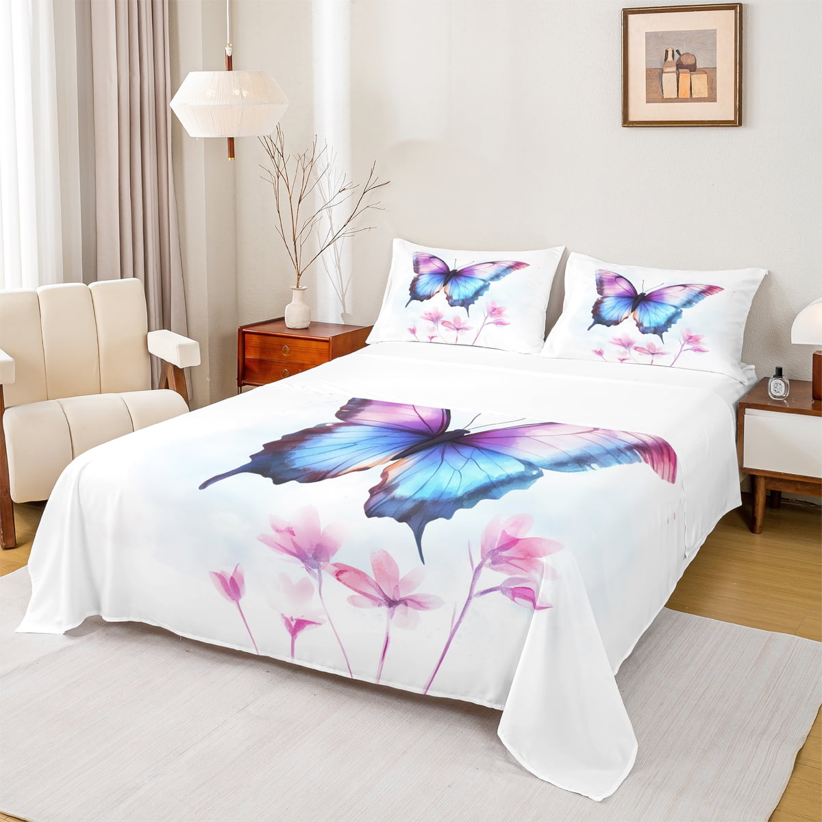 Manfei Blue Butterfly Print Full Size Sheets, Romantic Floral Flower ...