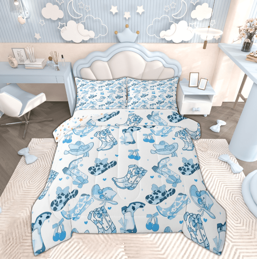 Manfei Blue Cowgirl Boots Full Size Comforter Sets, Cute Cherry Bow-tie ...