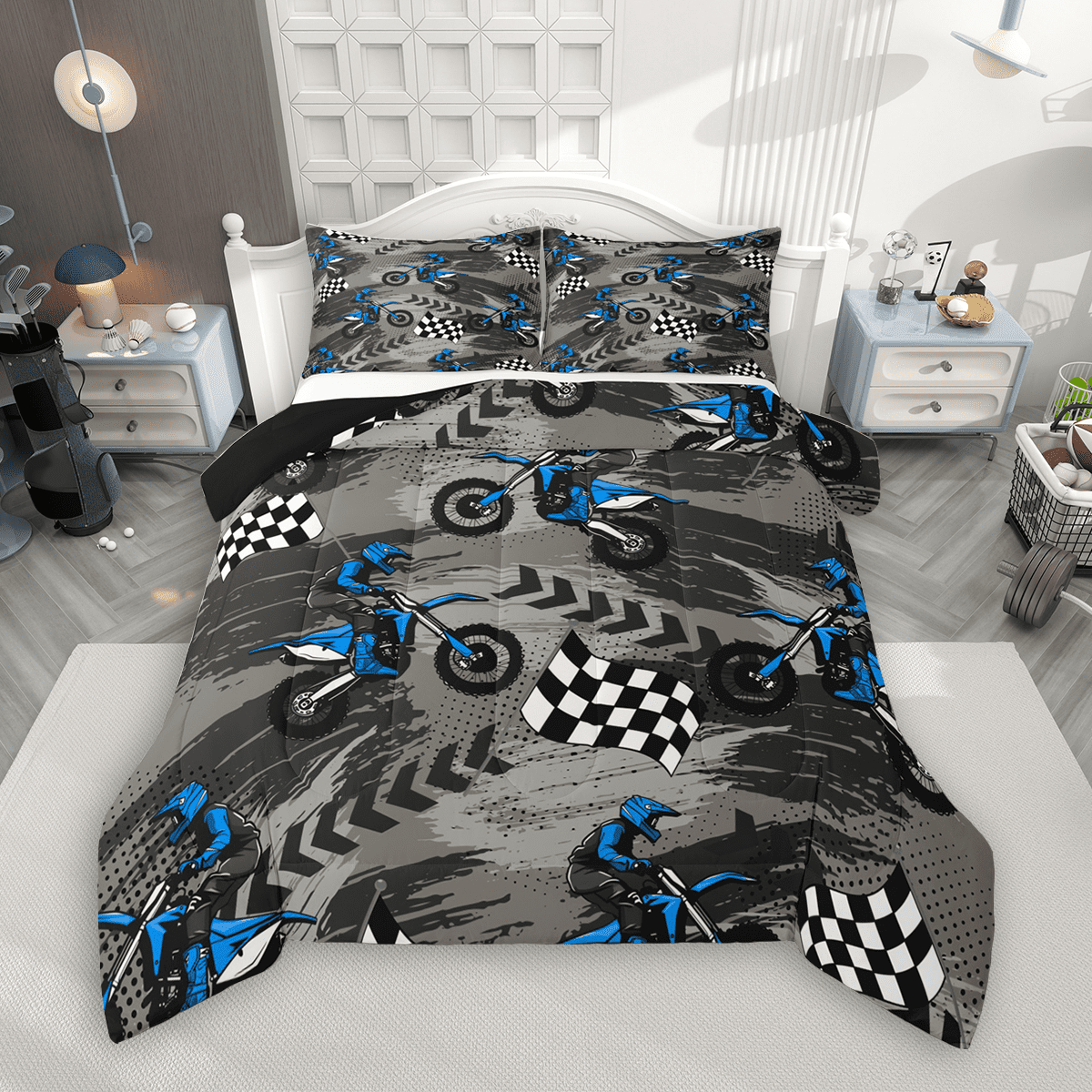 Manfei Blue Dirt Bike Full Size Comforter Sets 3-Piece, Motocross Game ...
