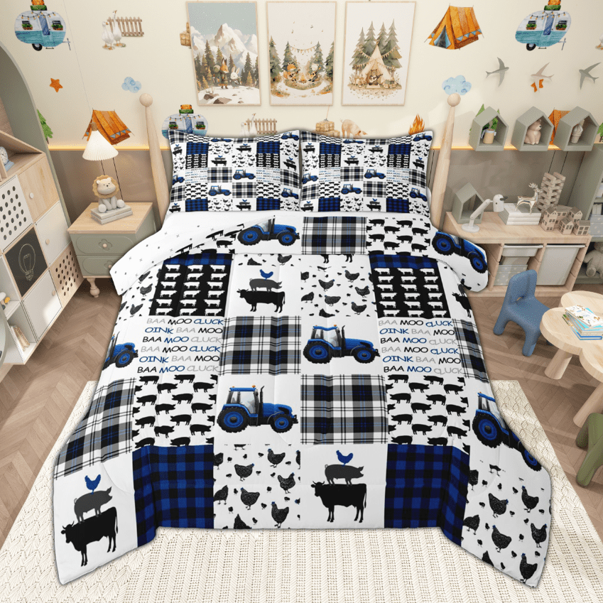 Manfei Blue Farm Tractor Full Size Comforter Sets for Kids, Farmhouse ...