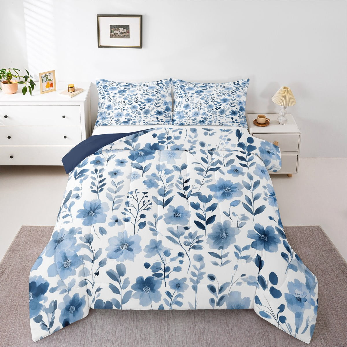 Feelyou Blue Flower Floral Queen Comforter Set, Botanical Print Bedding ...