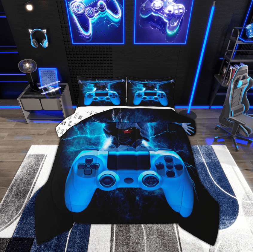 Manfei Blue Game Console Bedding Sets Queen with Comforter, Modern ...