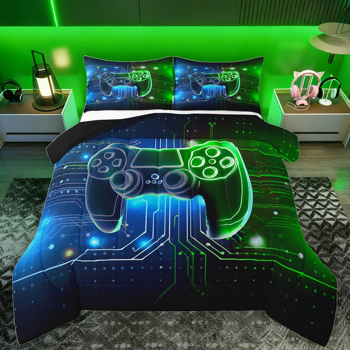 Manfei Blue Green Gamepad Full Size Comforter Sets for Kids, Modern ...