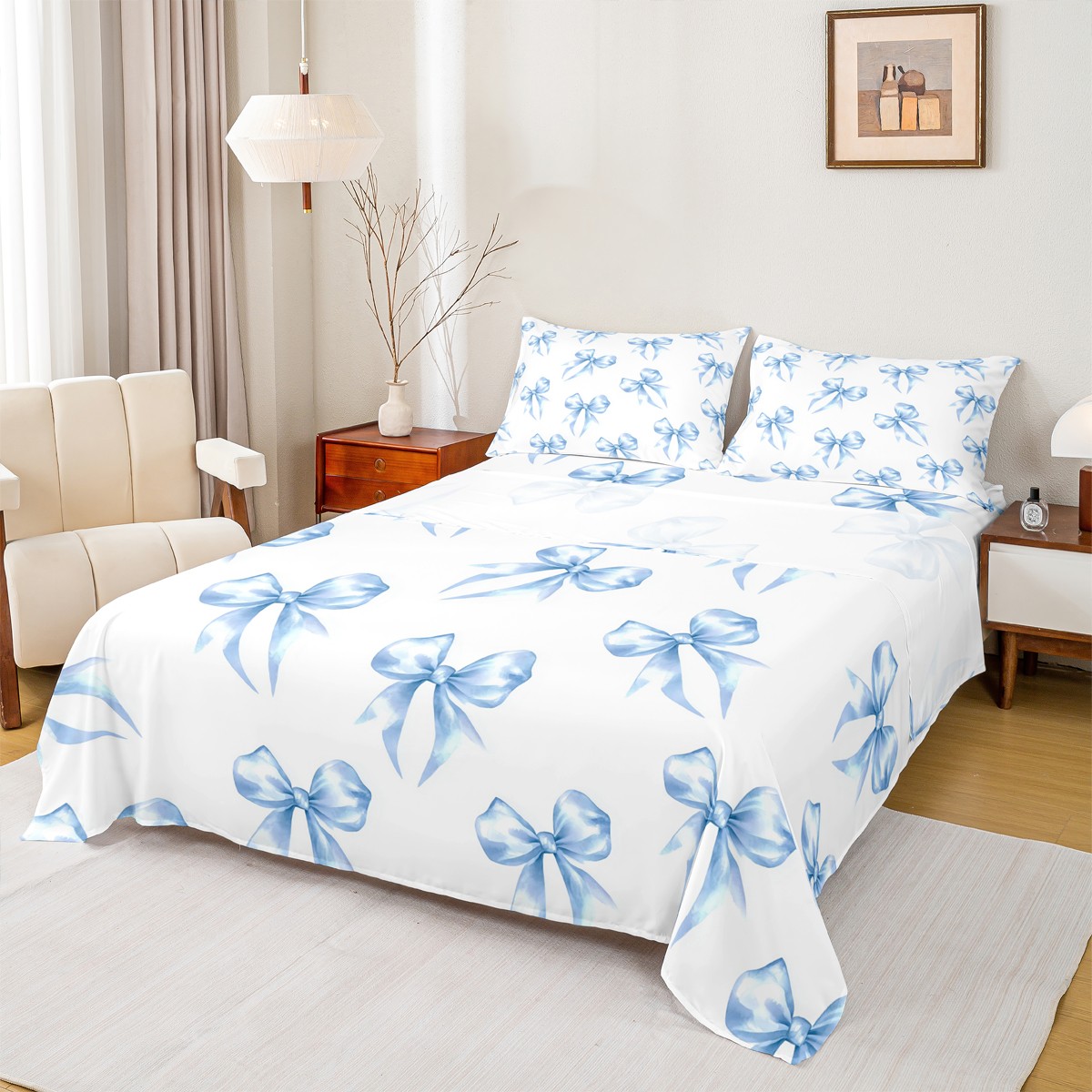Manfei Blue Kawaii Bow Queen Sheet Sets, Cute Cartoon Ribbon Flat Sheet ...