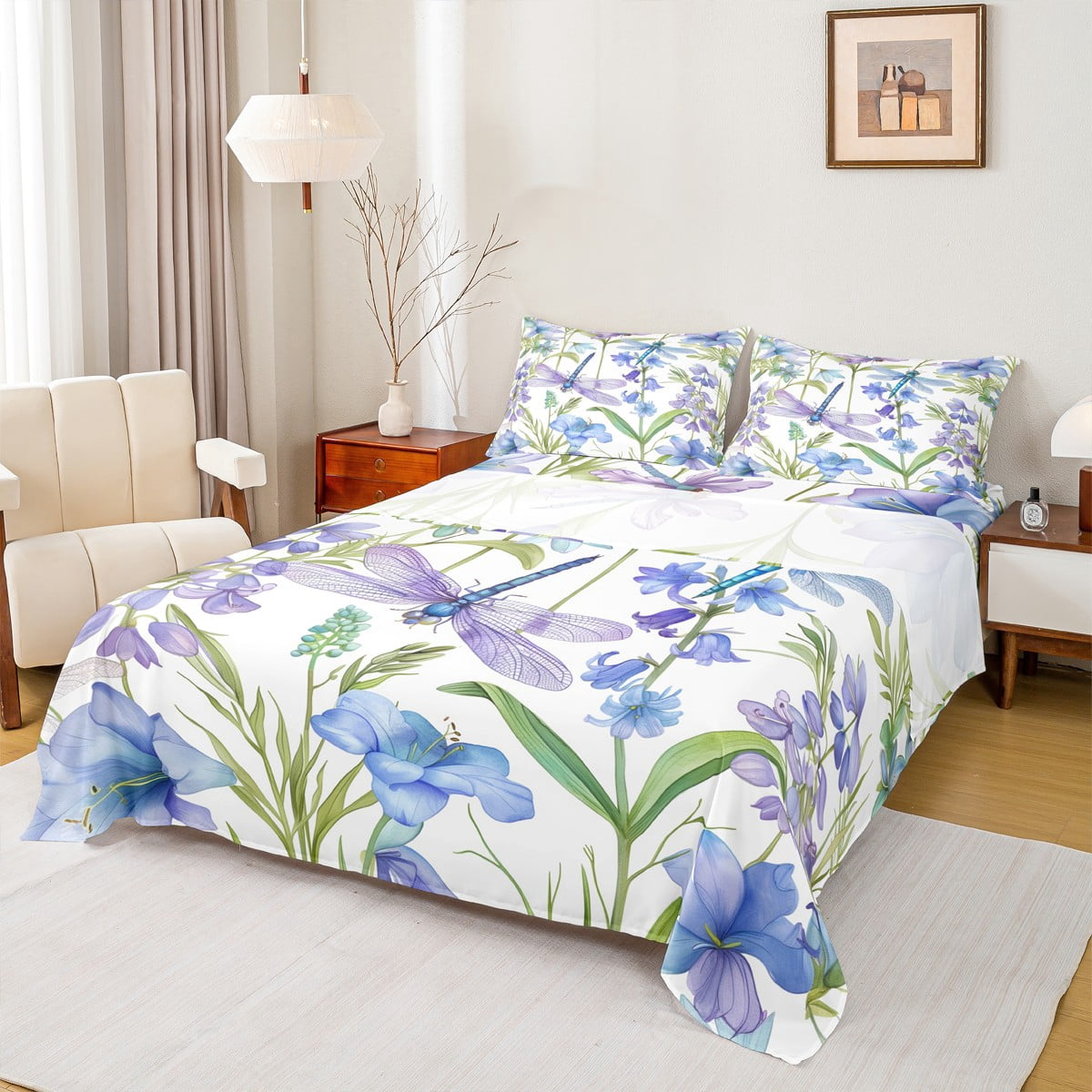 Manfei Blue Kawaii Dragonfly Bed Sheets, Farmhouse Flower Floral King ...