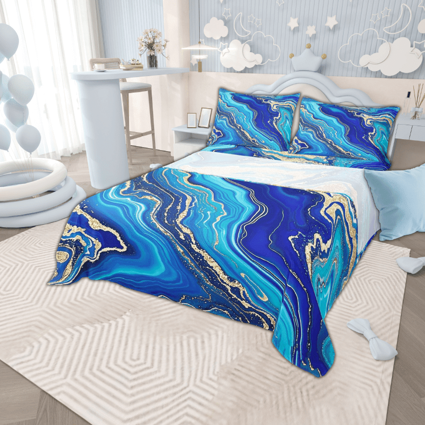 Manfei Blue Marble Bed Sheets Queen, Modern Aesthetic Marbling Bedding ...