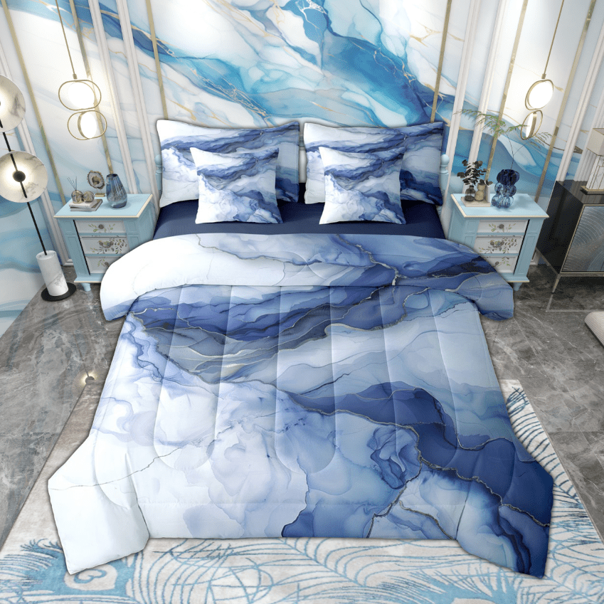 Manfei Blue Marble Twin Bedding Sets 7 Pieces, Aesthetic Watercolor ...