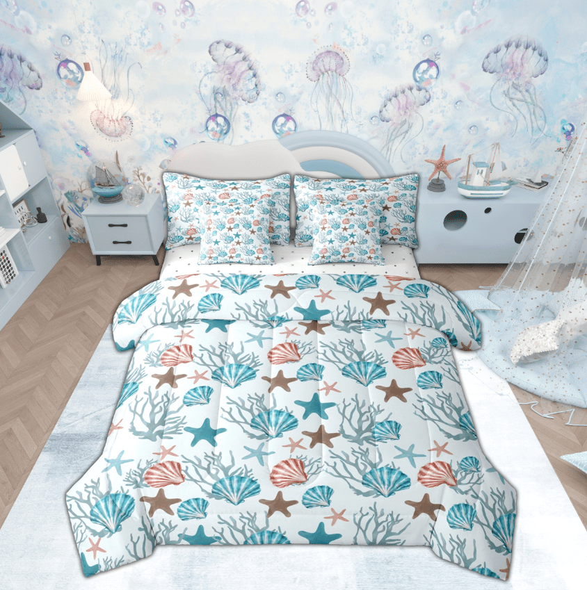 Manfei Blue Marine Seashell Bedding Comforter Set 7pcs for Kids, Ocean ...