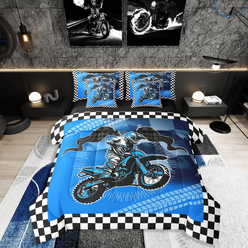 Manfei Blue Motorbike 7pcs Bedding Comforter Set,Dirt Bike Queen ...
