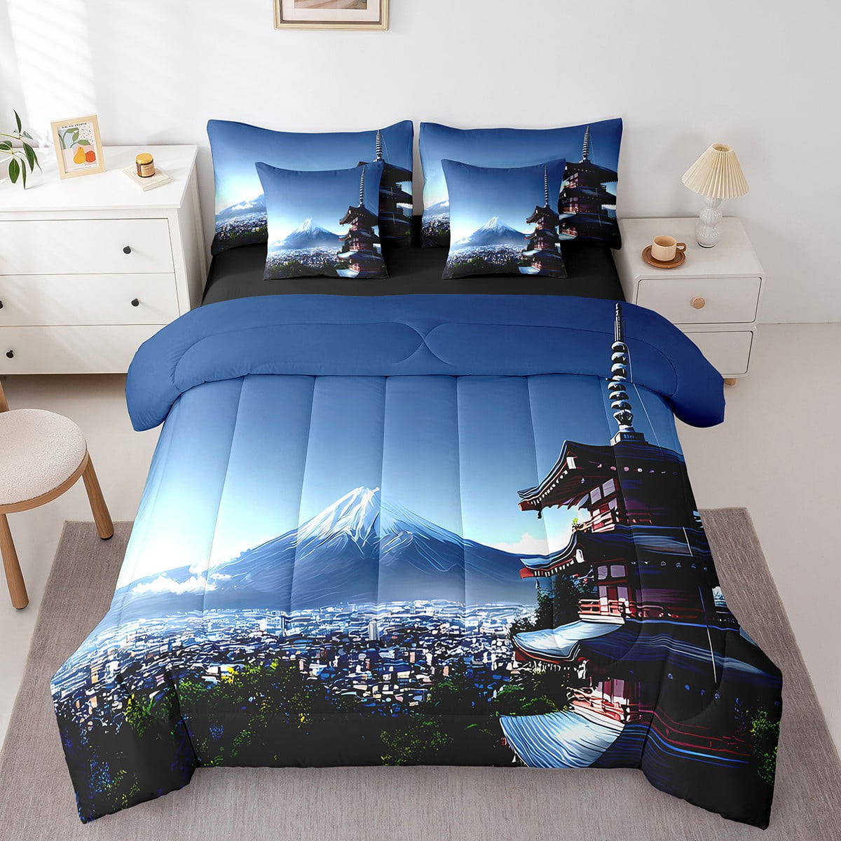 Manfei Blue Mount Fuji Bedding Sets King Size, Nature Scenery Bed in a ...