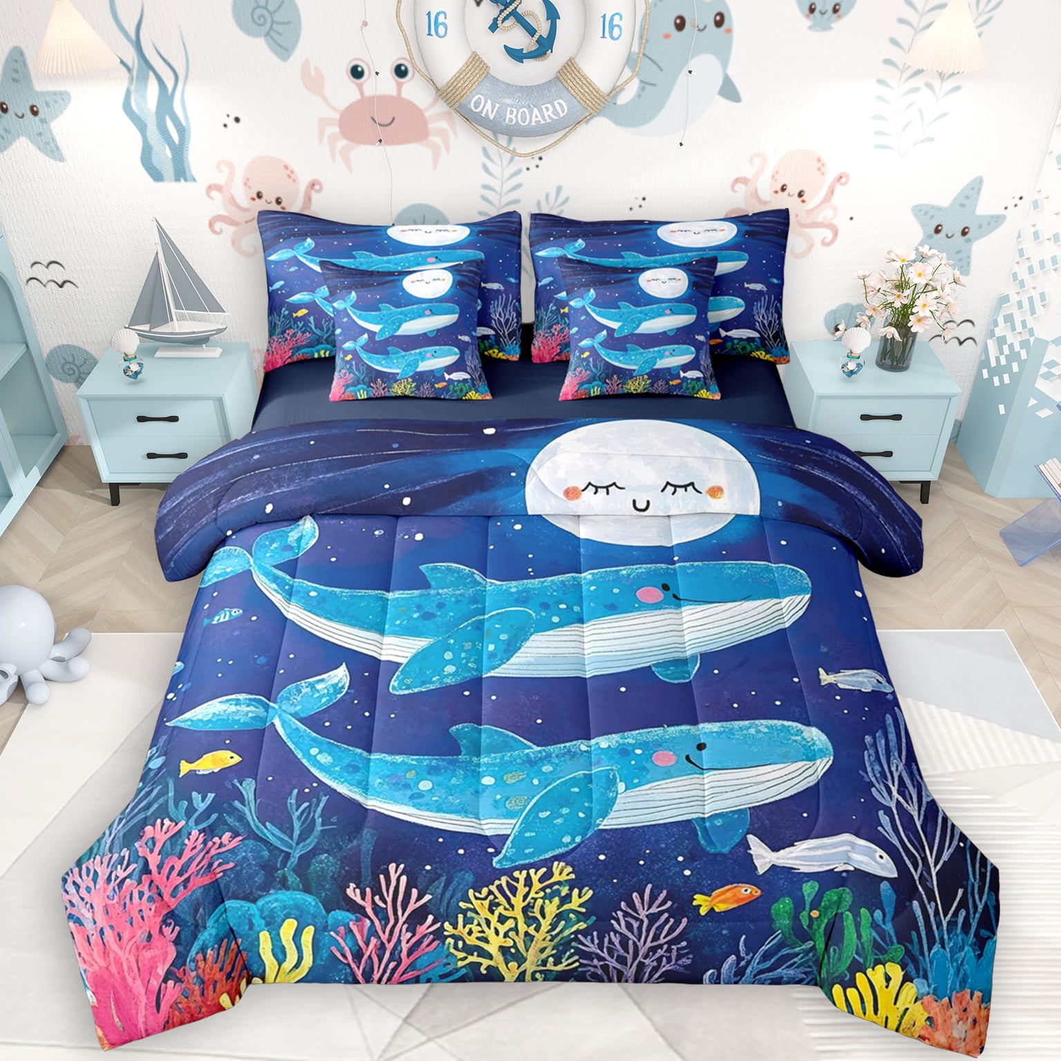 Manfei Blue Ocean Whale 7-Piece Twin Bedding Sets for Kid, Cartoon ...