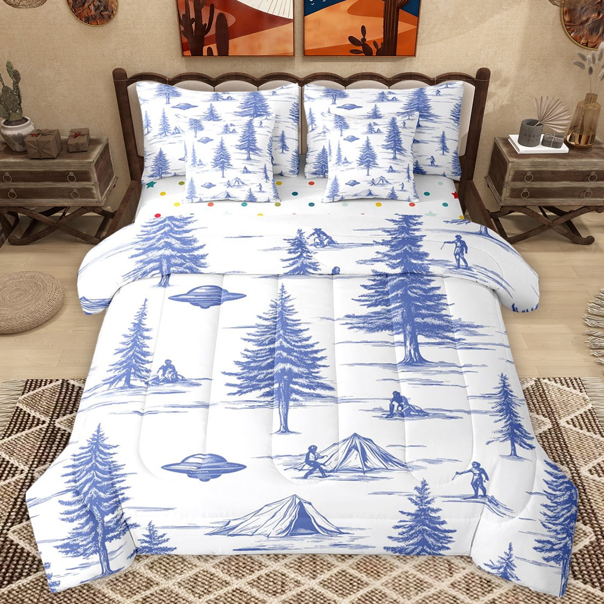 Manfei Blue Pine Tree Bedding Comforter Set 7pcs for Kids, Rustic ...