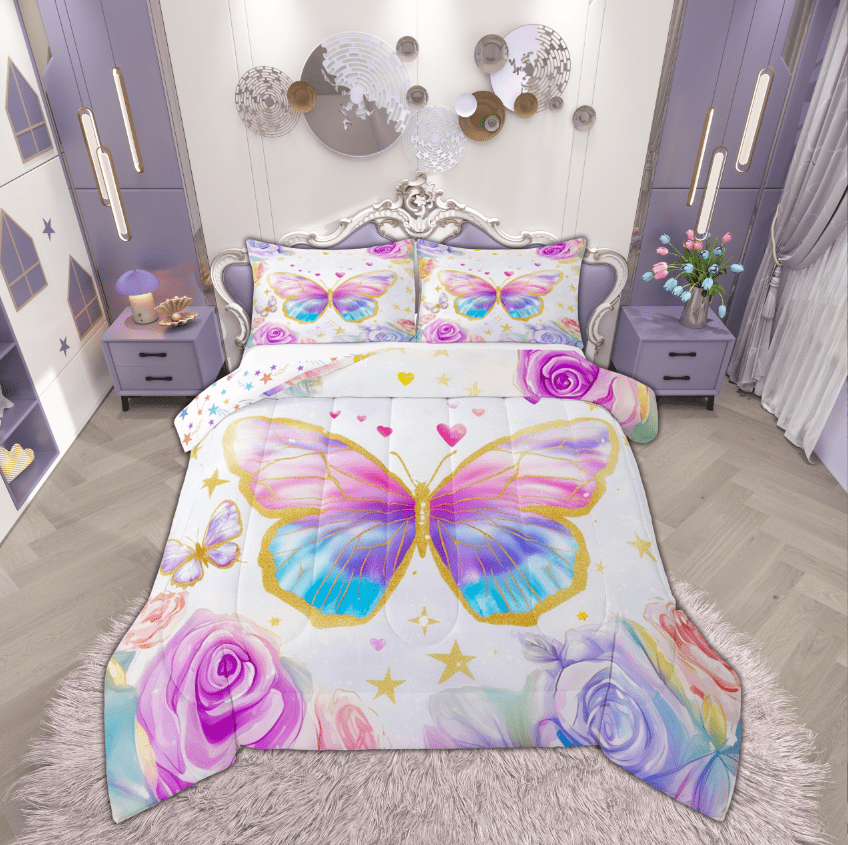 Manfei Blue Pink Butterfly Print Bedding Comforter Set, Romantic Rose ...