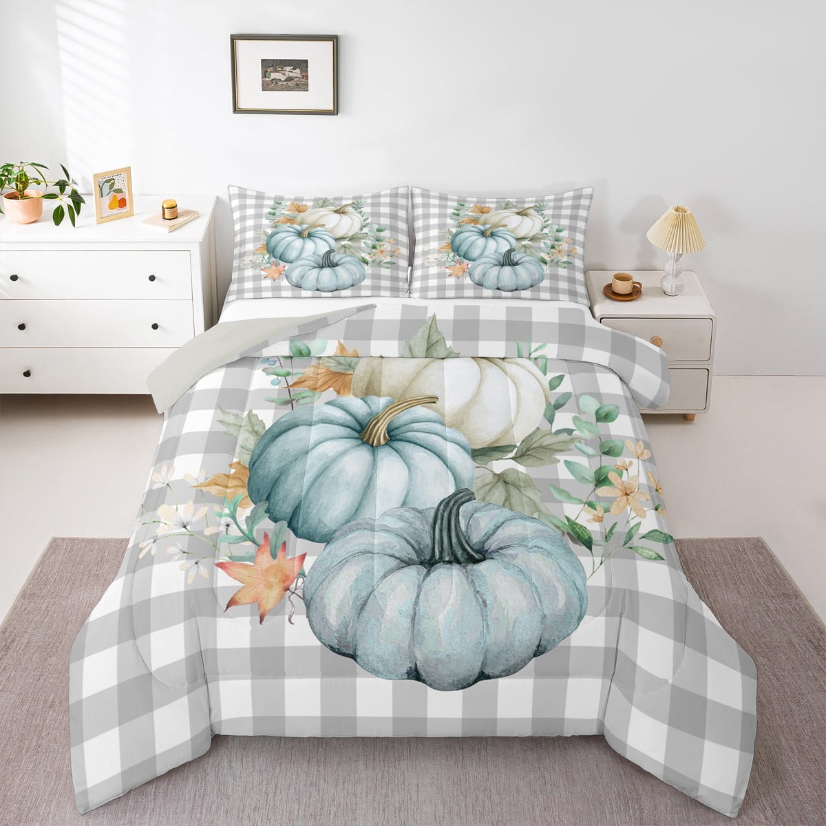 Manfei Blue Pumpkin Queen Comforter Set,Autumn Fall Maples Bedding Sets ...
