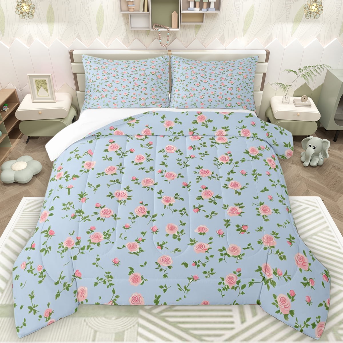 Manfei Blue Rose Floral Queen Comforter Set for Kids, Cartoon Mandala ...