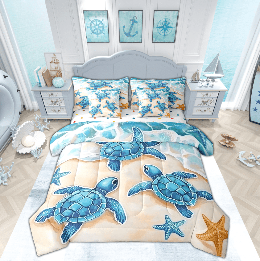 Manfei Blue Sea Turtle Bedding Sets Twin Size, Beach Ocean Bed in a Bag ...