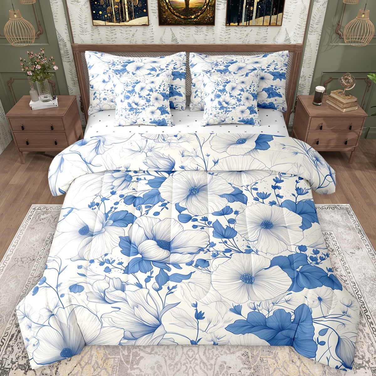 Manfei Blue Watercolor Floral Twin Bedding Sets 7-Piece, Rustic ...