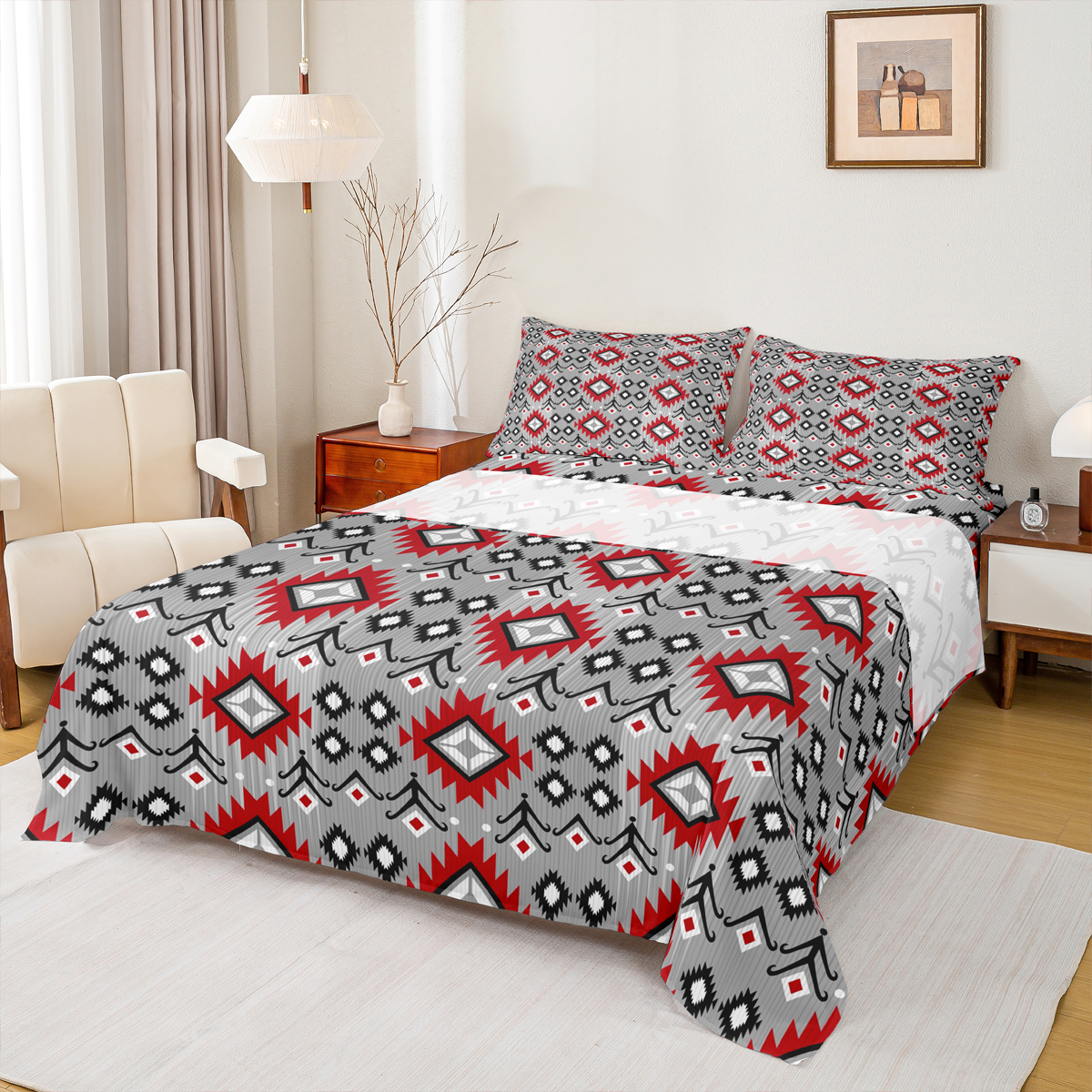 Manfei Bohemian Aztec Twin Sheet Sets for Adult, Grey Red Tribal ...