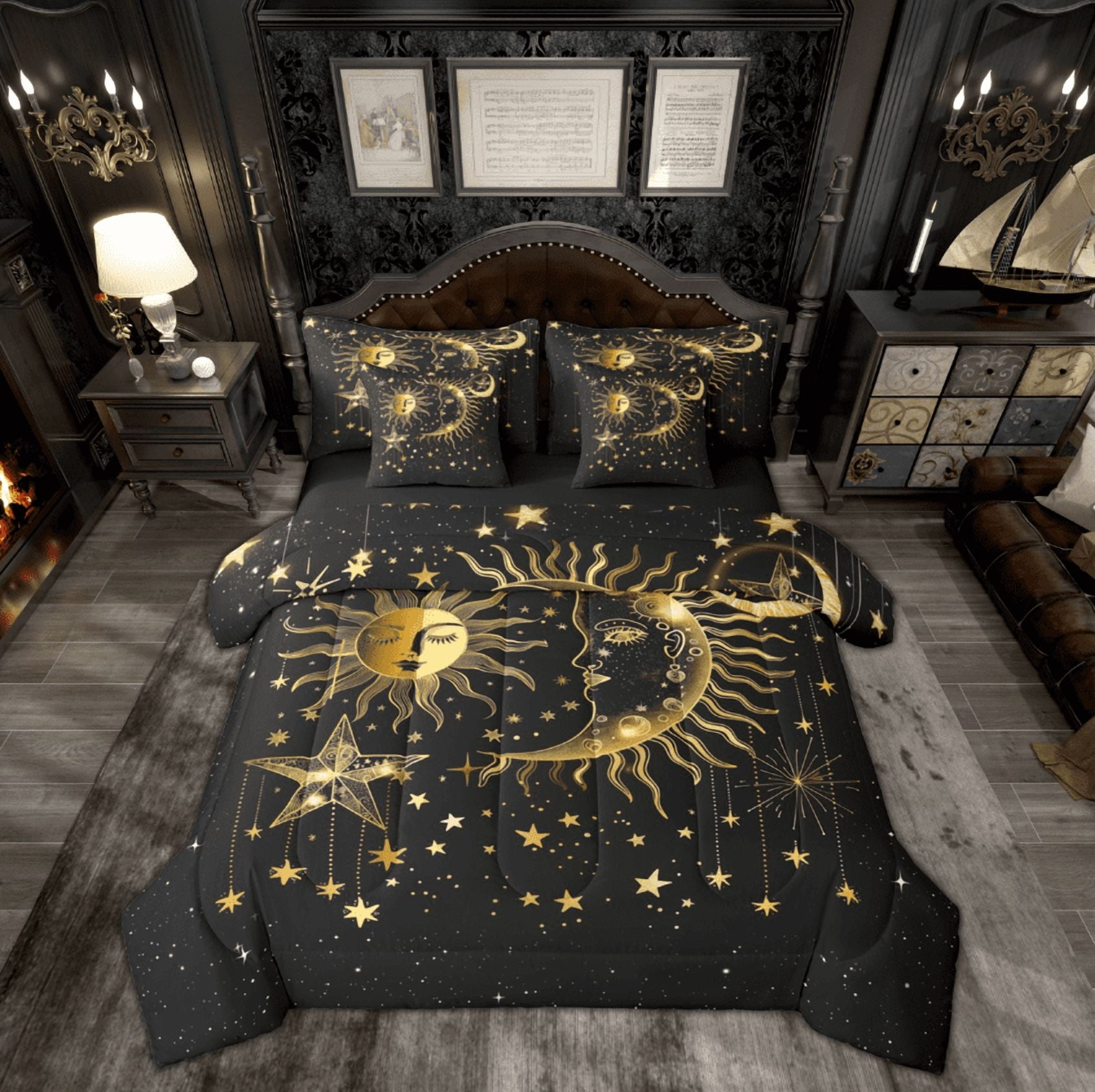 Manfei Bohemian Moon Sun Bedding Comforter Set 7-Piece, Black Gold ...