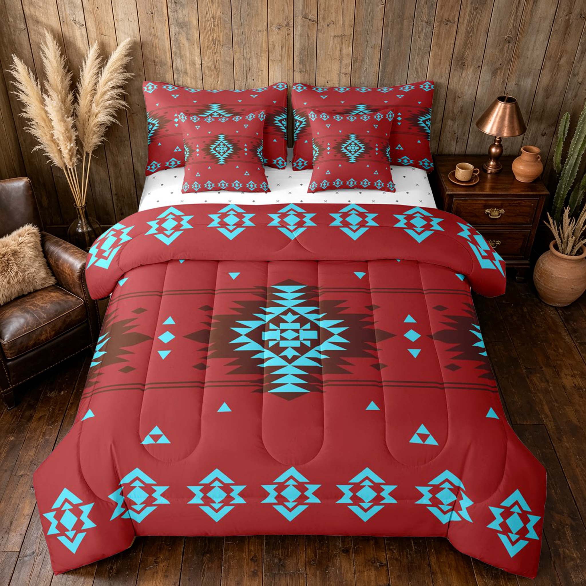 Manfei Boho Aztec King Bedding, Red Turquoise Tribal Geometric King Bed ...