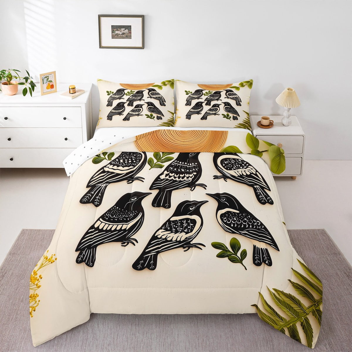 Manfei Boho Black Bird Queen Comforter Set,Bohemain Theme Bedding Sets ...