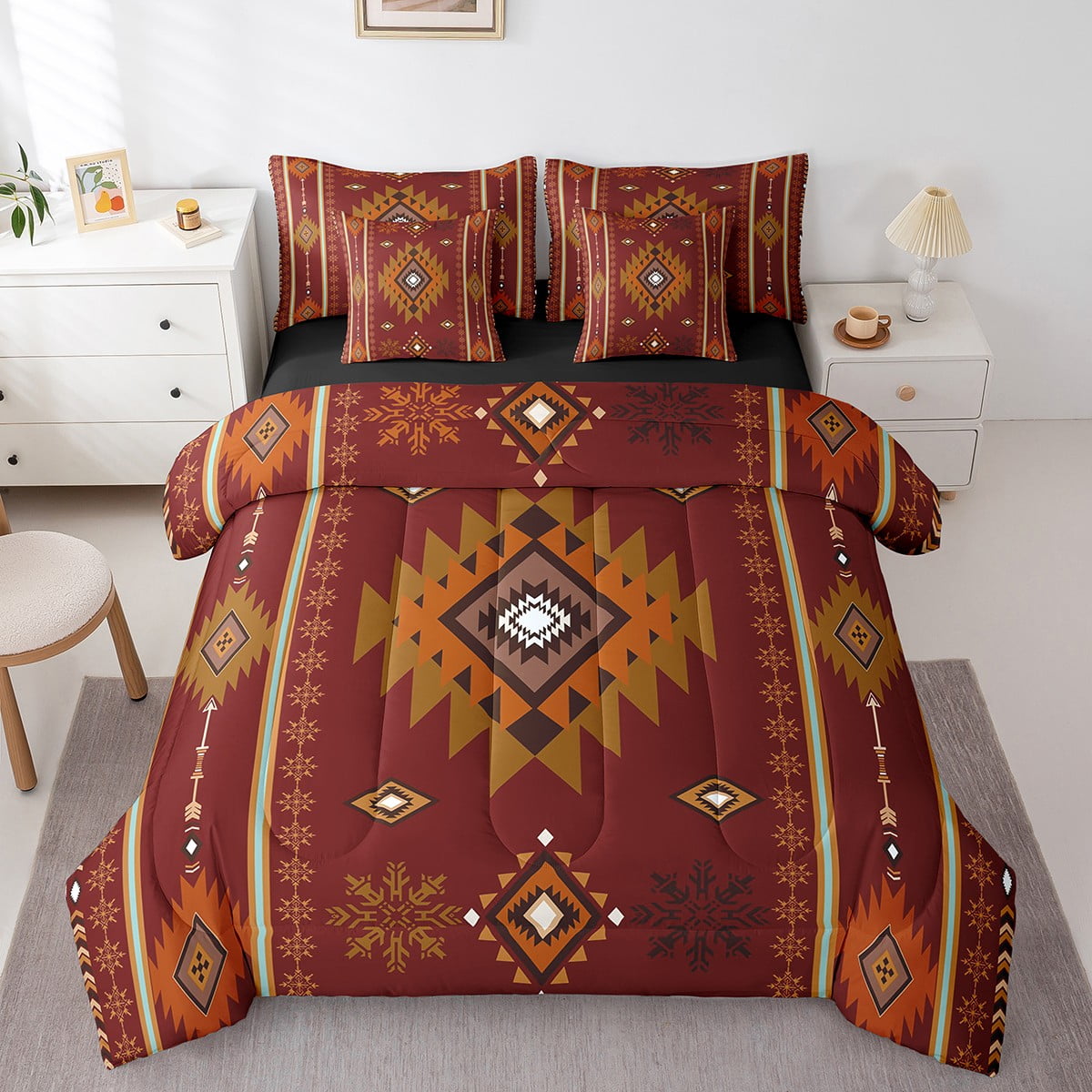 Manfei Boho Bohemain Bedding Comforter Set 7-Piece,Red Aztec Geometric ...