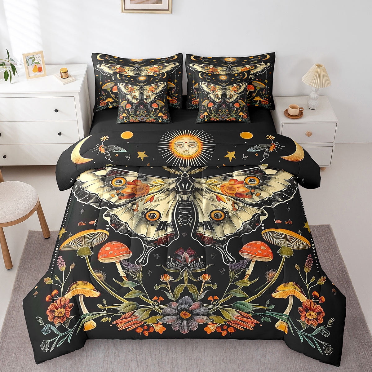 Manfei Boho Bohemain Moth Bedding Full Size,Vintage Plant Floral ...