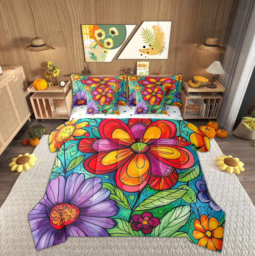Manfei Boho Groovy Flower Bedding Sets King Size, Hippie Rustic Floral ...