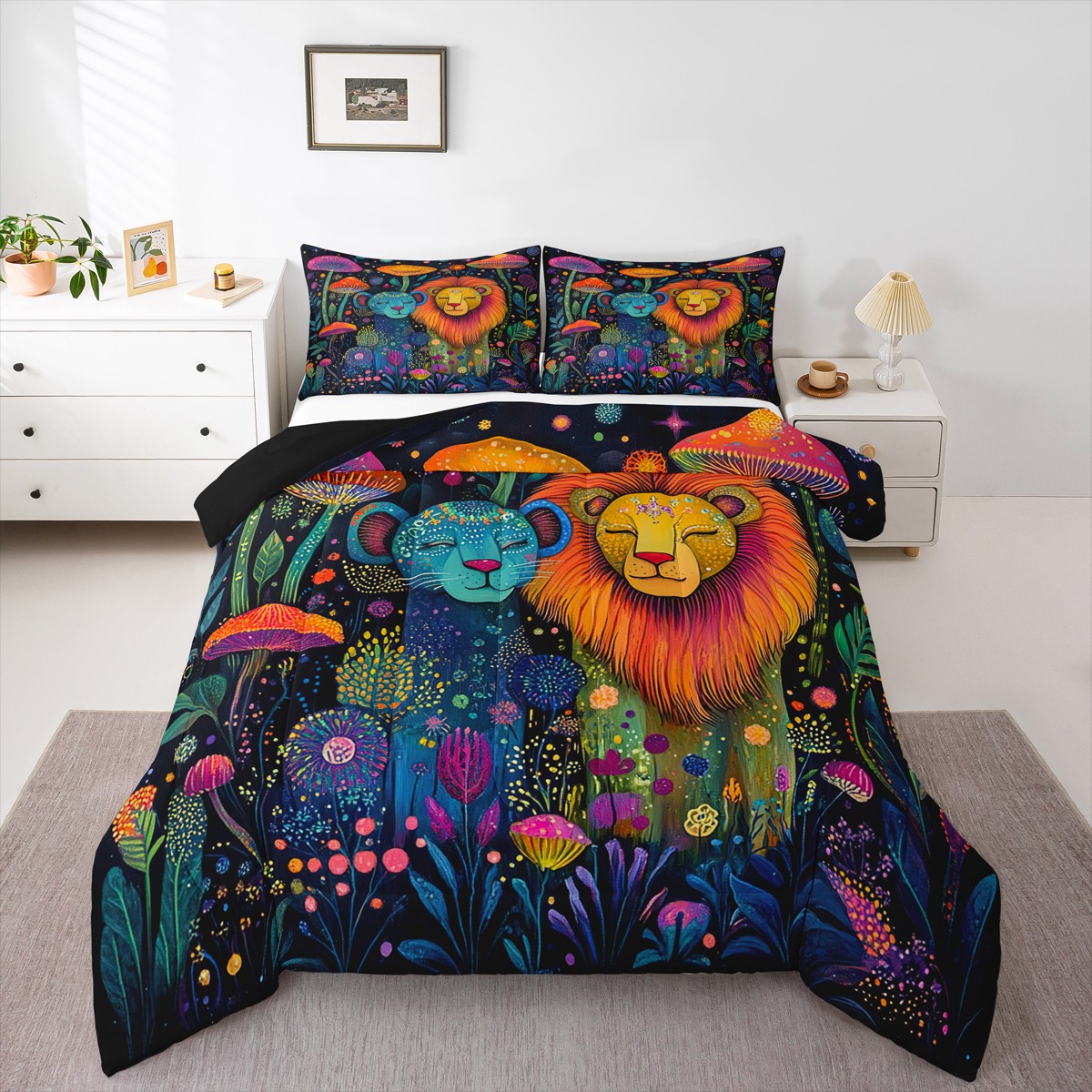 Manfei Boho Lion Comforter Sets Full Size,Rainbow Mushroom Comforters ...