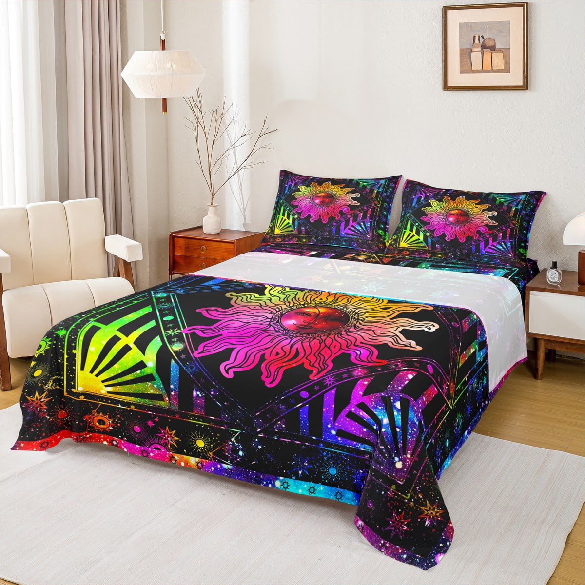 Manfei Boho Sun Queen Sheet Sets, Rainbow Gradient Galaxy Flat Sheet ...