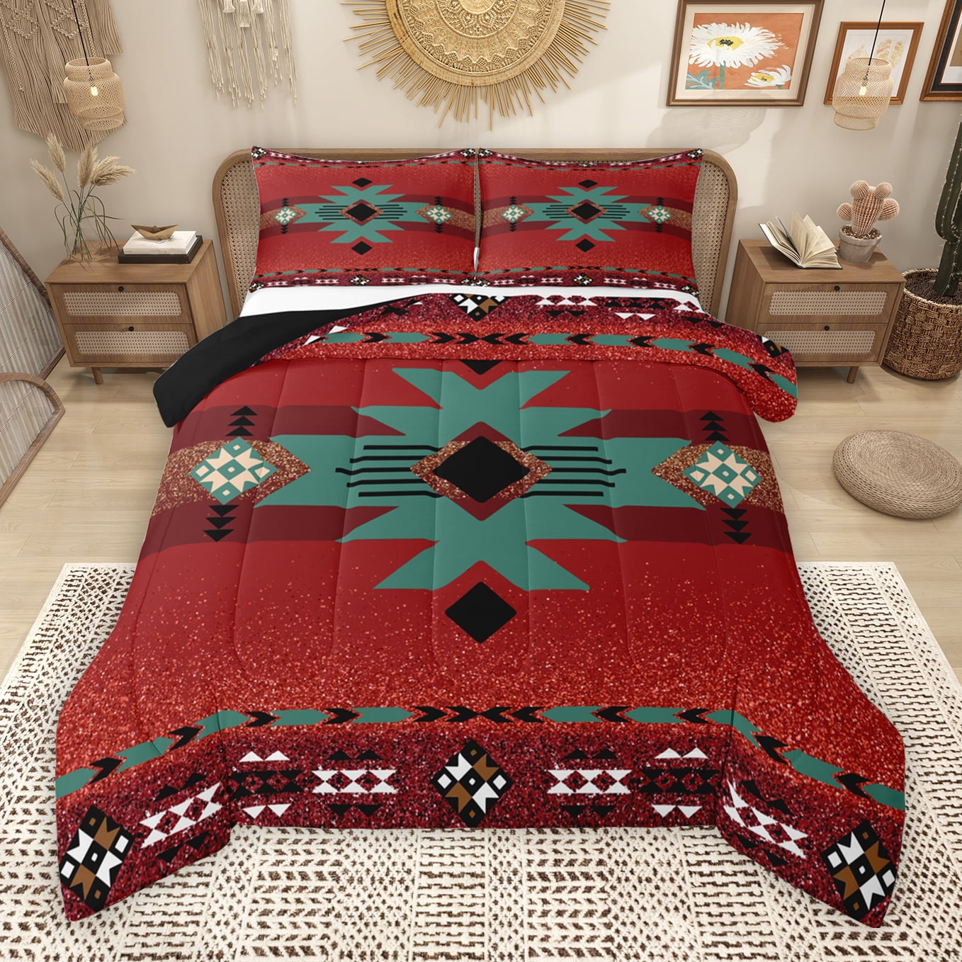 Manfei Boho Western Aztec Bedding Comforter Set for Adult, Red Teal ...