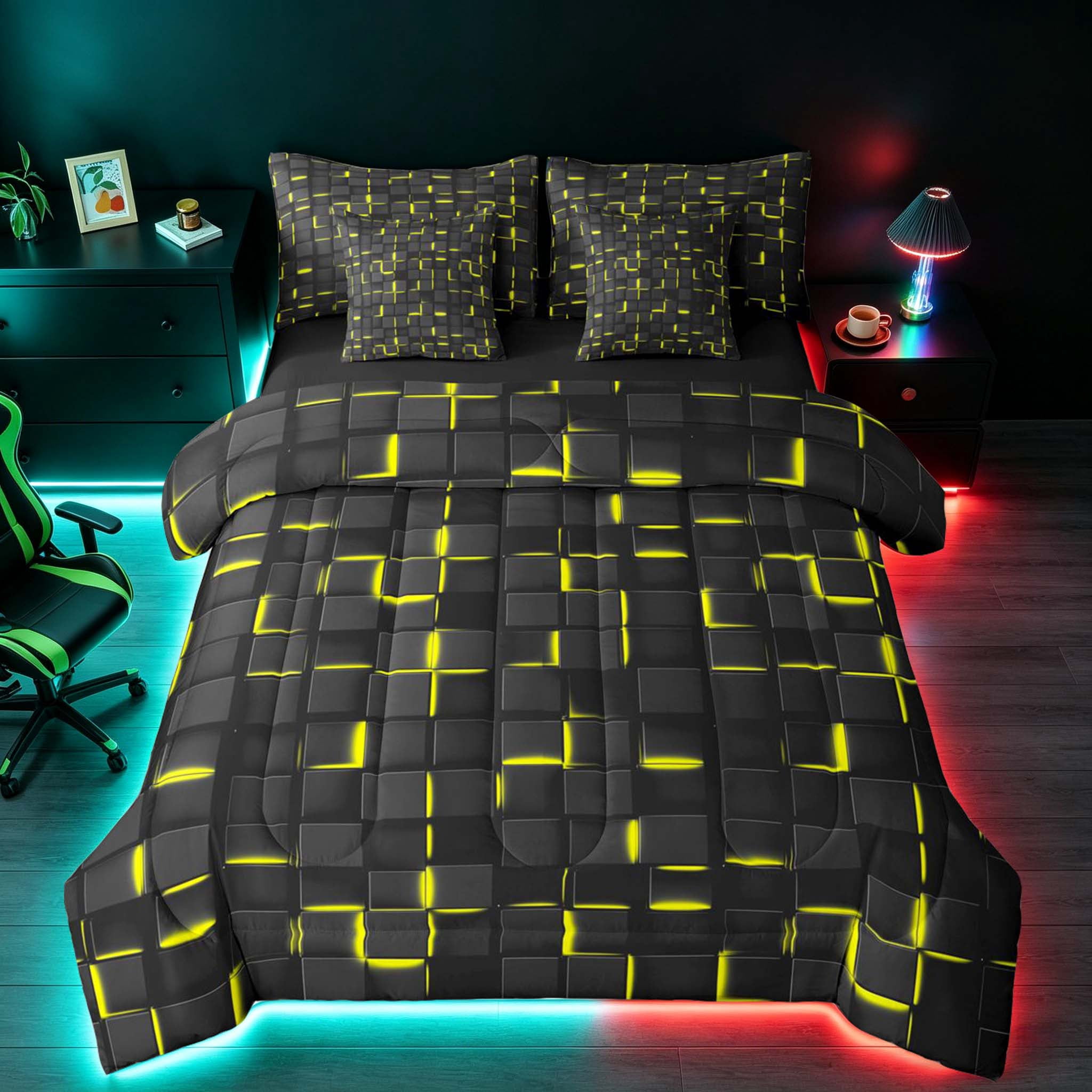 Manfei Bold 3D Square Queen Bedding, Neon Glow Bedding Comforter Set ...