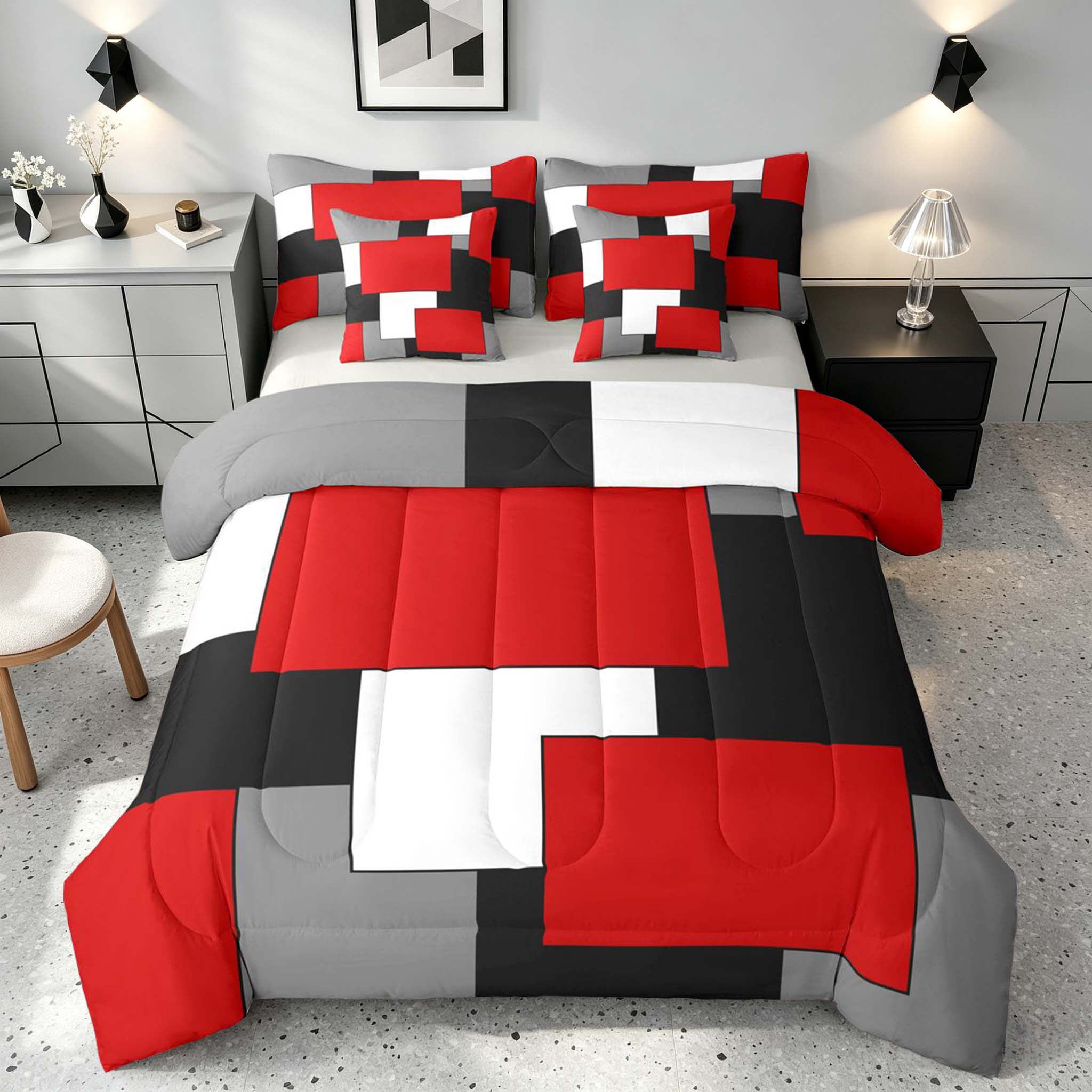 Manfei Bold Red Geometric King Bedding, Abstract Buffalo King Bed in a ...